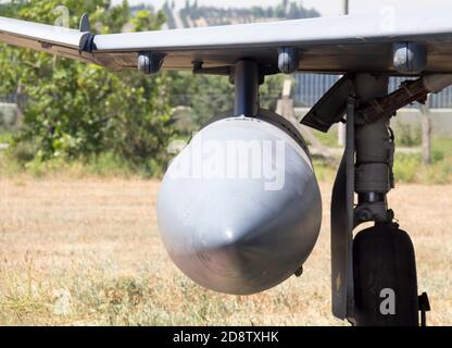 Supersonic jet fighter with rocket launcher on wings at airbase Stock ...