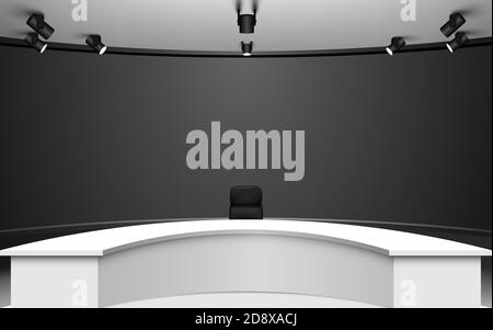 white table and chairs with breaking news live on lcds background in ...