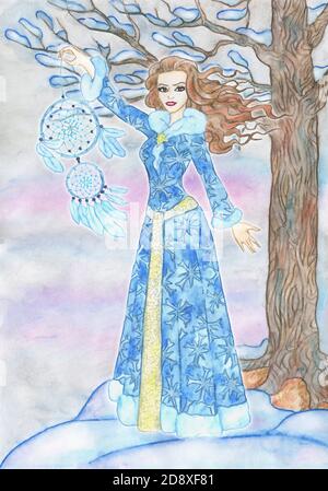 winter background with girl or woman with tree Stock Photo - Alamy