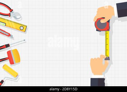 Measuring tape in the hands of a man. Template for a poster Stock ...