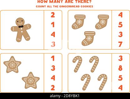 Christmas counting game with gingerbread man, bell, present, bird ...