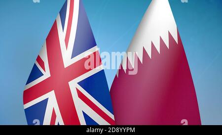 United Kingdom flag and Qatar flag, Britain flag with blue sky ...