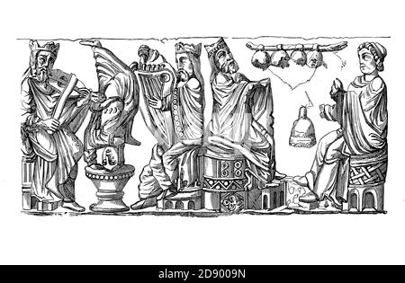 Medieval musical performance: noble figures playing string instruments ...