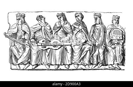 Medieval musical performance: noble figures playing string instruments ...