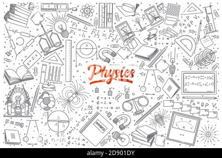 Hand drawn physics doodle set. Lettering - Physics Stock Photo - Alamy