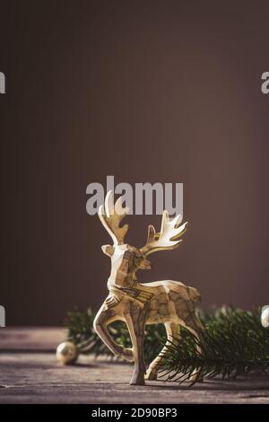 Christmas card conception. Christmas toy deer decoration with christmas ...