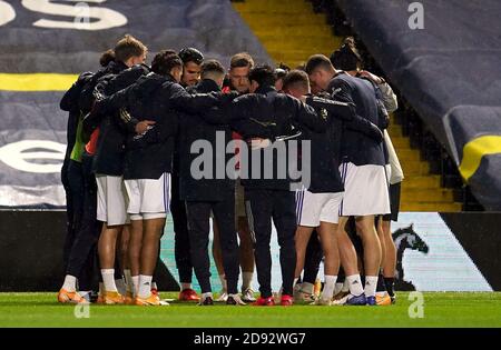 Leeds United team huddle during the Premier League match Everton vs ...