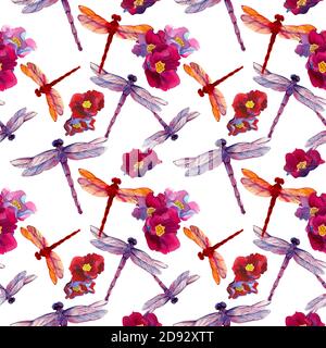 Watercolor illustration different color dragonflies in seamless pattern ...