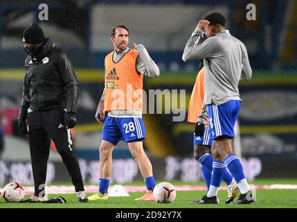 Leicester City's Christian Fuchs (centre) warming up before the Premier ...