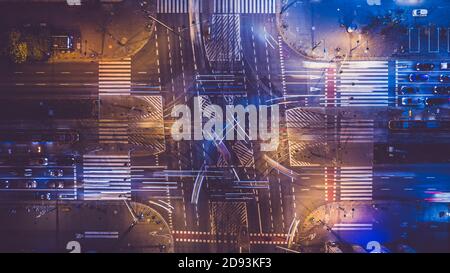 Top down night city traffic highway at lantern lights with illuminate ...