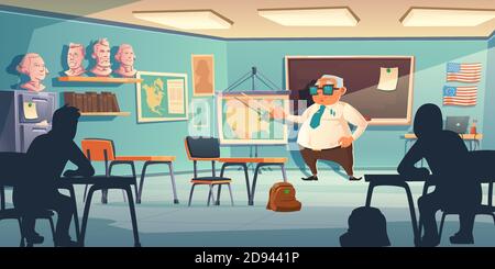 Classroom for history subject with old teacher. Vector cartoon ...