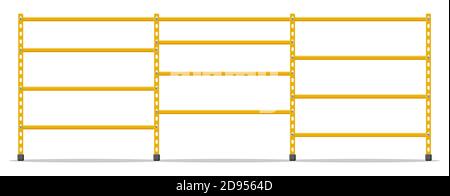 Metal yellow standing rack. Empty metallic storage shelves isolated on ...