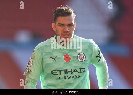 Ederson #31 of Manchester City during the warm-up ahead of the Premier League match Manchester ...