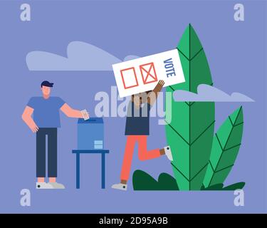 group of voters with voting cards and box election day scene vector ...