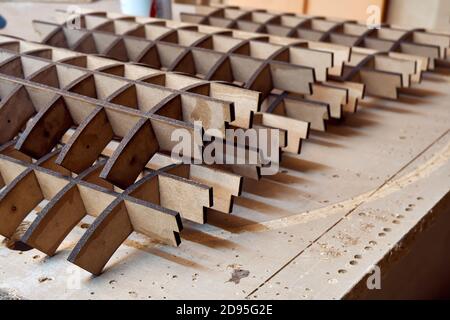 Joinery. MDF frames for bending plywood on a white background. Bend ...