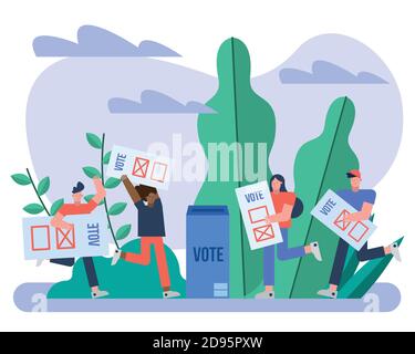 group of voters with voting cards and box election day scene vector ...