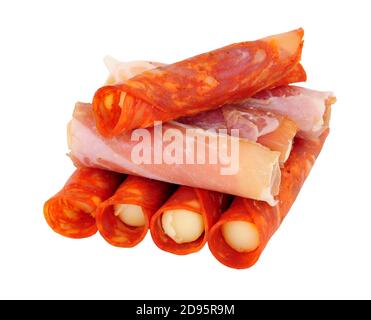 Group of Serrano ham and chorizo rollitos filled with Gouda and Iberico ...