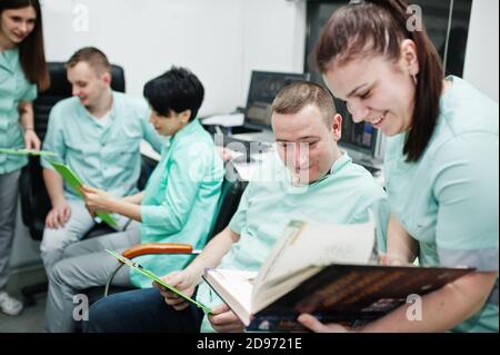 Medical theme.Observation room with a computer tomograph. The group of ...