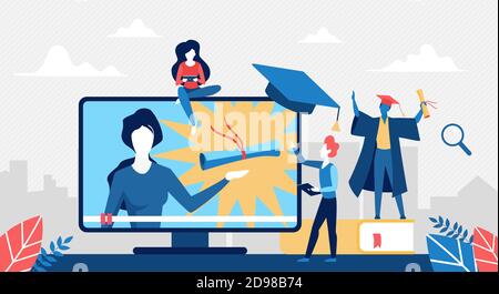 Online education concept. Distance study at school. Vector cartoon ...