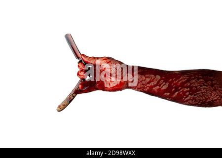 Bloody hand with straight razor isolated on white background Stock ...