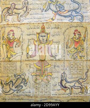 Astrological chart on Burmese calendar showing guardian spirits and ...