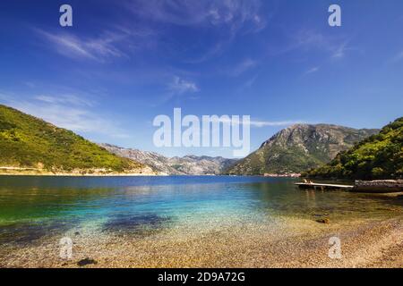 The tranquil Verige beach in Kotor Bay, Montenegro, early in the ...