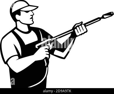 Black and White Illustration of power washer worker with arms crossed ...