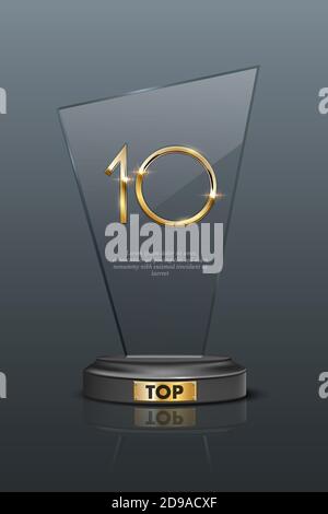 Top 10 award trophy. Glass prize with gold number 10. Champion glory in ...