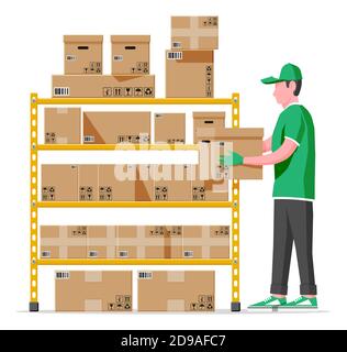 Warehouse shelves with goods, mover and container package boxes. Pile cardboard boxes set ...