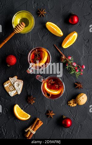 Flay lay of Christmas hot mulled wine with cinnamon and spices Stock ...