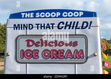 Ice cream van "mind that child" sign, London, UK Stock Photo - Alamy