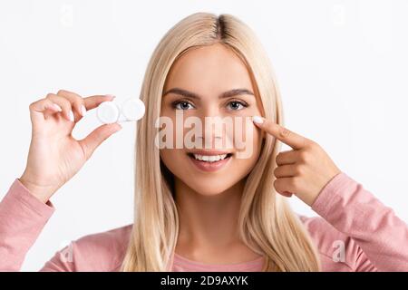 Health. Happy Woman with Contact Lenses on the Finger. Eye Care Stock ...