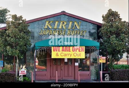 Houston, Texas/USA 10/23/2020: Kirin Japanese Seafood Buffet restaurant advertising sign in ...