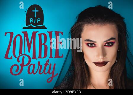 Scary zombie woman on blue background with space for text Stock Photo ...