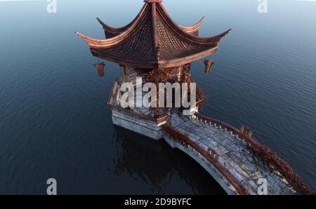 3D rendering of an old Asian pavilion with a bridge Stock Photo - Alamy