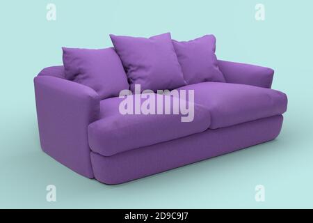 Violet couch with pillows on studio blue background Stock Photo - Alamy