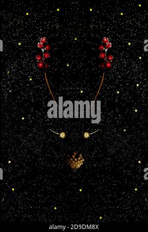 Top view of reindeer in female hands on blue background. Christmas ...