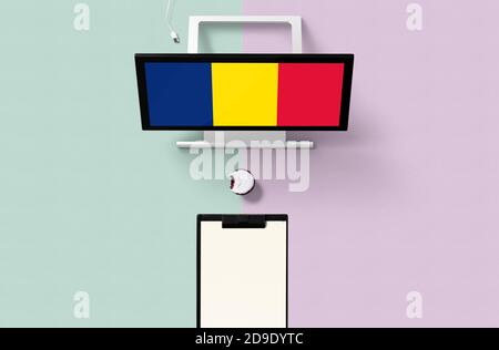 Chad national flag background with workspace, desktop computer and ...