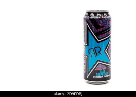 Blue Rockstar Energy Drink can with El Mango juice flavor taste on ...