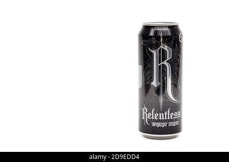 Can of Relentless origin energy drink isolated on a white studio ...