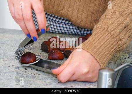 Scoring fresh chestnuts with a special nut cracker Stock Photo - Alamy