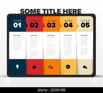 Five white vector progress block steps template with color border, descriptions, big numbers ...