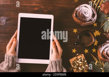 Christmas online shopping from home tablet pc with blank white display ...