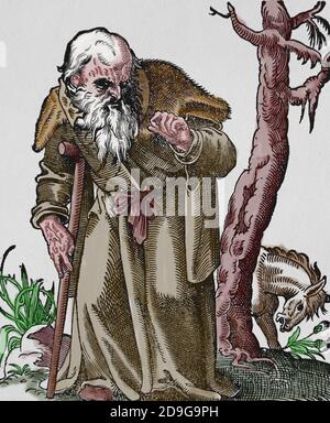 Renaissance era. 16th century. Old man with crutch. Engraving by Jost ...