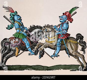 Jousting. Renaissance. Jousters with lances. Engraving by Jost Amman ...