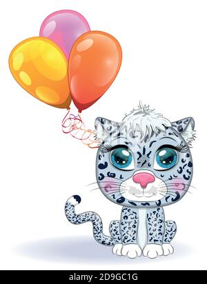 Cartoon snow leopard with expressive eyes among flowers, hearts ...