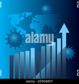 Covid 19 virus stats bars chart with increase arrow gradient style icon design, Data analysis ...