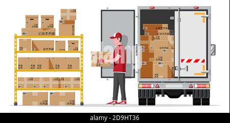 Warehouse shelves with goods, mover and container package boxes. Pile cardboard boxes set ...