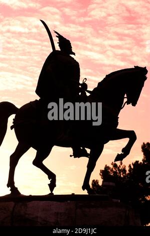 The Statue of Skanderbeg at the centre of Skanderbeg Square with the ...