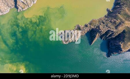 --File--Aerial view of the light green and dark green colors formed at ...